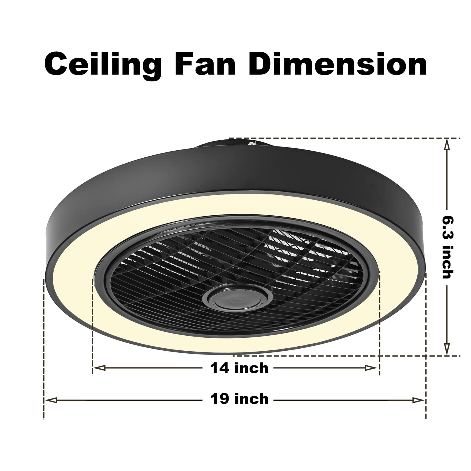 Jinweite Ceiling Fan with Light, 19 inches LED Remote Control Fully Dimmable Lighting Modes Invisible Acrylic Blades Metal Shell Semi Flush Mount Low Profile Fan,Black