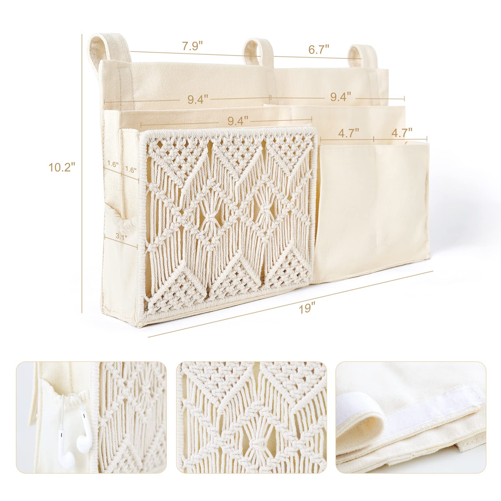 Mkono Bedside Caddy Hanging Organizer, Bunk Woven 7 Pockets Bed Storage Bag Boho Remote Magazine Books Holder with Macrame for Loft Bed College Dorm Bedroom Baby Bed Rails, Ivory
