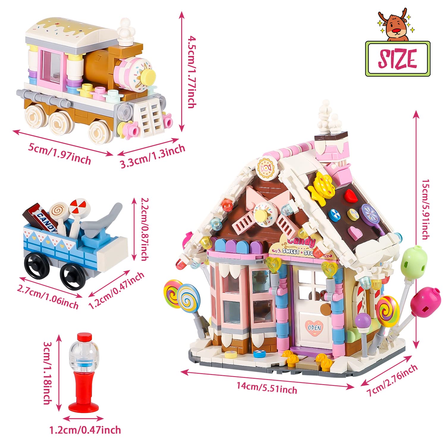 PinkBee Christmas Gingerbread House 2022 Mini Candy Store Building Block Set with Ice Cream Truck Creative Xmas Ornament Toys Kits Micro Bricks for Adults Kids 8-12 6-12 7-9(781Pcs)