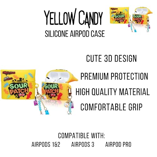 KLS Products Cute 3D Cartoon Funny Kawaii, Shockproof Protective Soft Silicone Case Skin Designed with Trendy Candy Keychain for Apple AirPods 1,2, 3 Pro Charging Case (Airpod 3, Yellow Candy)