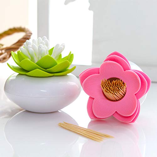 Niviy Q-Tips Holder Cotton Swab Organizer Lotus Shape Swab Cosmetic Storage Bathroom Decor, Green