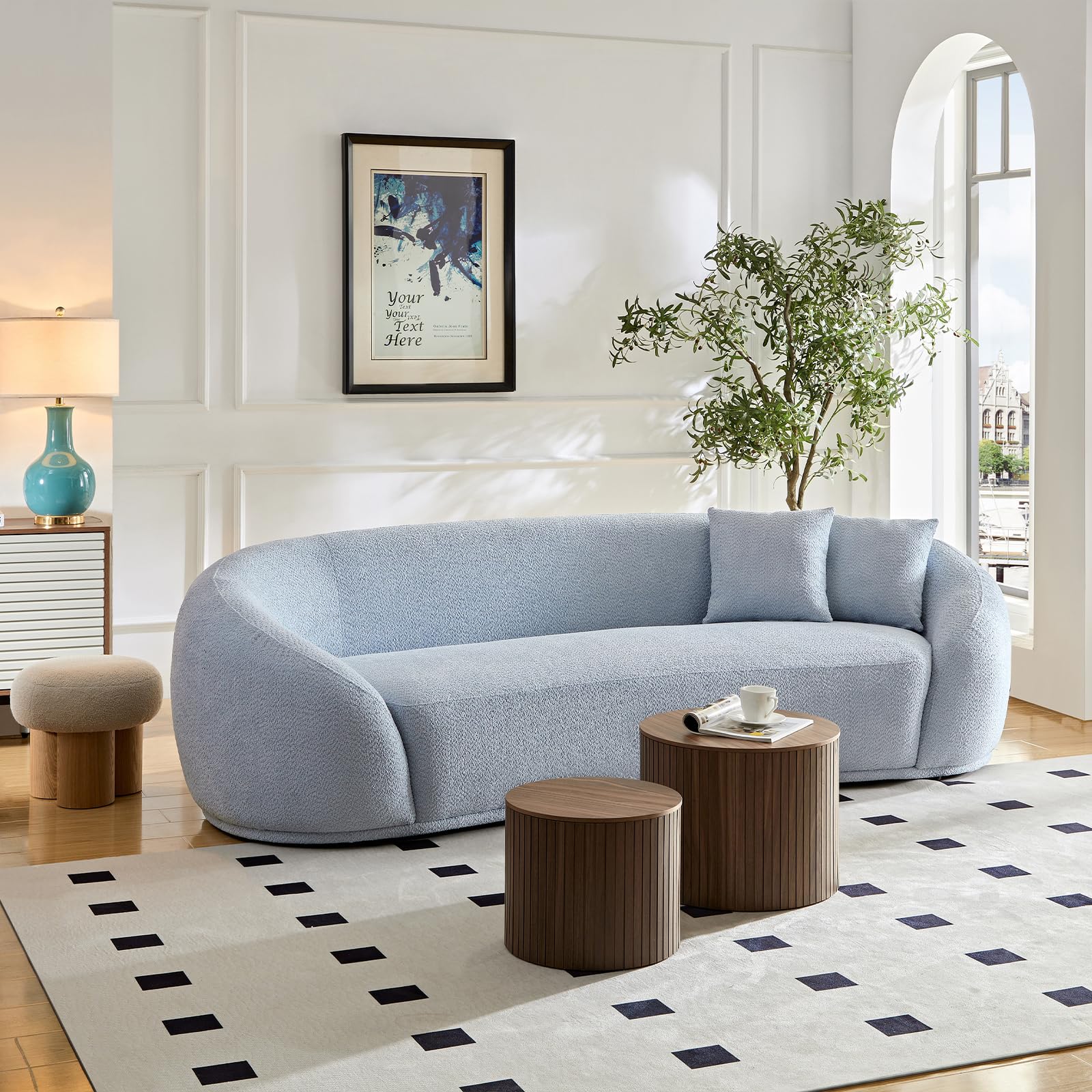 YOPENG 103.5" Curved Sofa Cloud Couch,Minimalist Luxury Boucle Fabric Deep Seat Sofa,Unique Comfy 4 Seater Curved Sofas for Living Room,Bedroom,Apartment,Small Space,2 Pillows,Camel