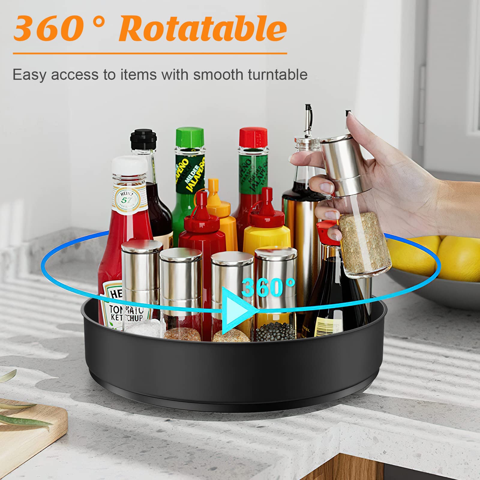 Lazy Susan Turntable Organizer, Landmore 2 Pack 10.2 Inch Stainless Steel Non Skid Turntable Spice Rack Spinning Organizer for Cabinet, Pantry, Countertop Black