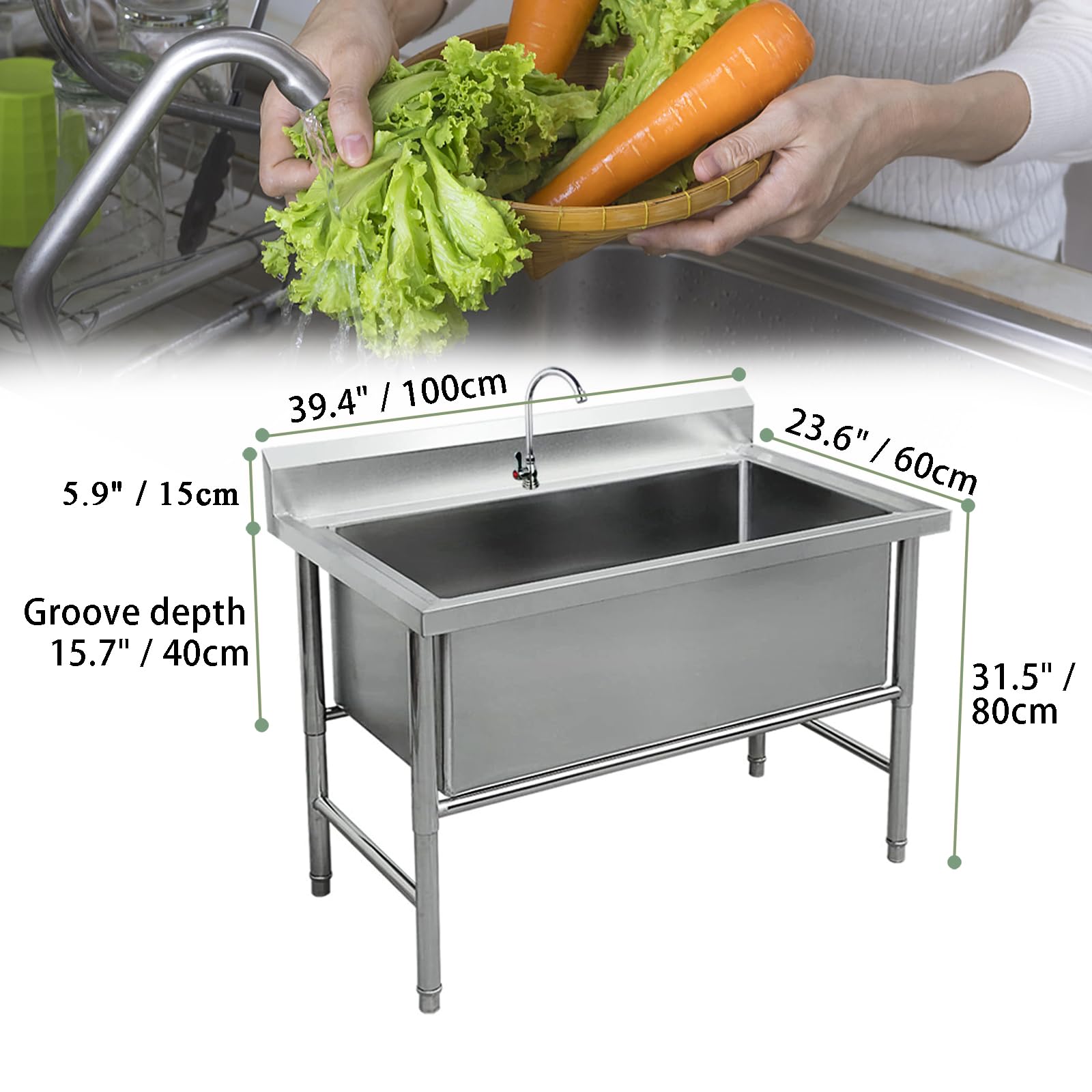 IOXGSGI 40" 1-Compartment Commercial Sink with Faucet, 304 Stainless Steel Sink with Drain for Restaurant, Freestanding Utility Sink for Laundry Room, Garage