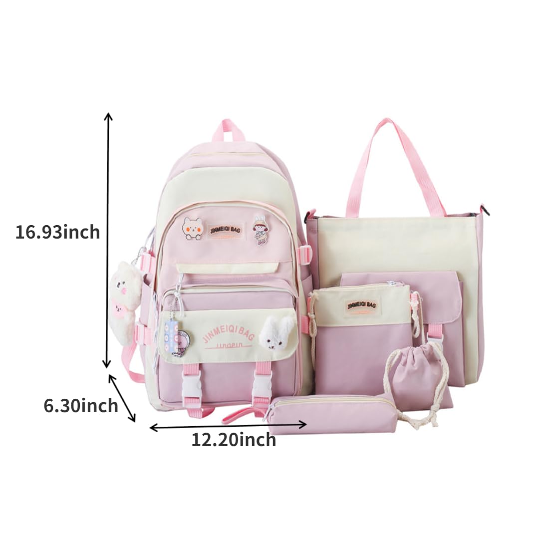 MIFJNF 5Pcs Kawaii Backpack Cute Backpack for School Aesthetic Backpack Kawaii School Supplies Backpack Set with Accessories (Pink)