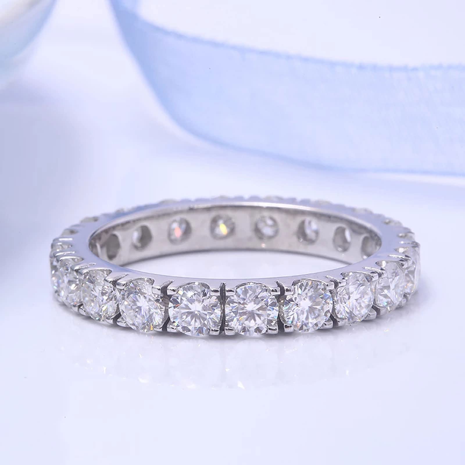 MRENITE Solid 10K Moissanite Wedding Band for Women 3mm Round Moissanite Eternity Band D Color VVS1 Clarity Stackable Engagement Ring Size 7