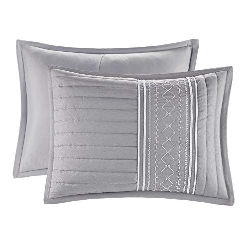 Madison Park Comforter Set, Embroidered Textured Heatherd Print All Season Down Alternative Cozy Bedding with Matching Shams, Decorative Pillow, King (104 in x 92 in), Kailee, Embroidery Grey 5 Piece