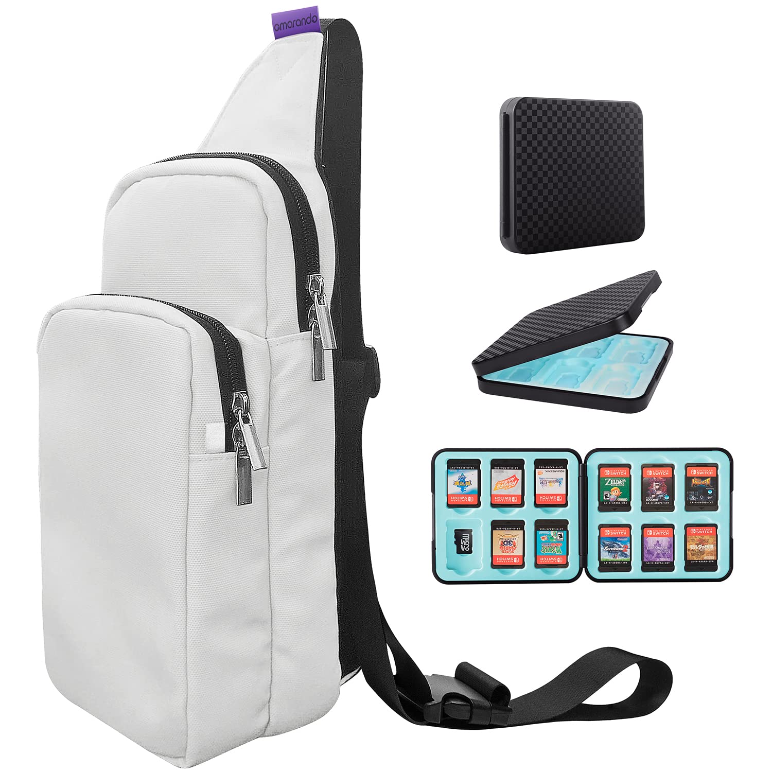 omarando Crossbody Travel Bag for Steam Deck,Shoulder Bag for Switch OLED ,Storage bag for Switch Lite,with Switch Game Card Case ,Storage 12 Game Cards & 12 Micro SD Card (White)