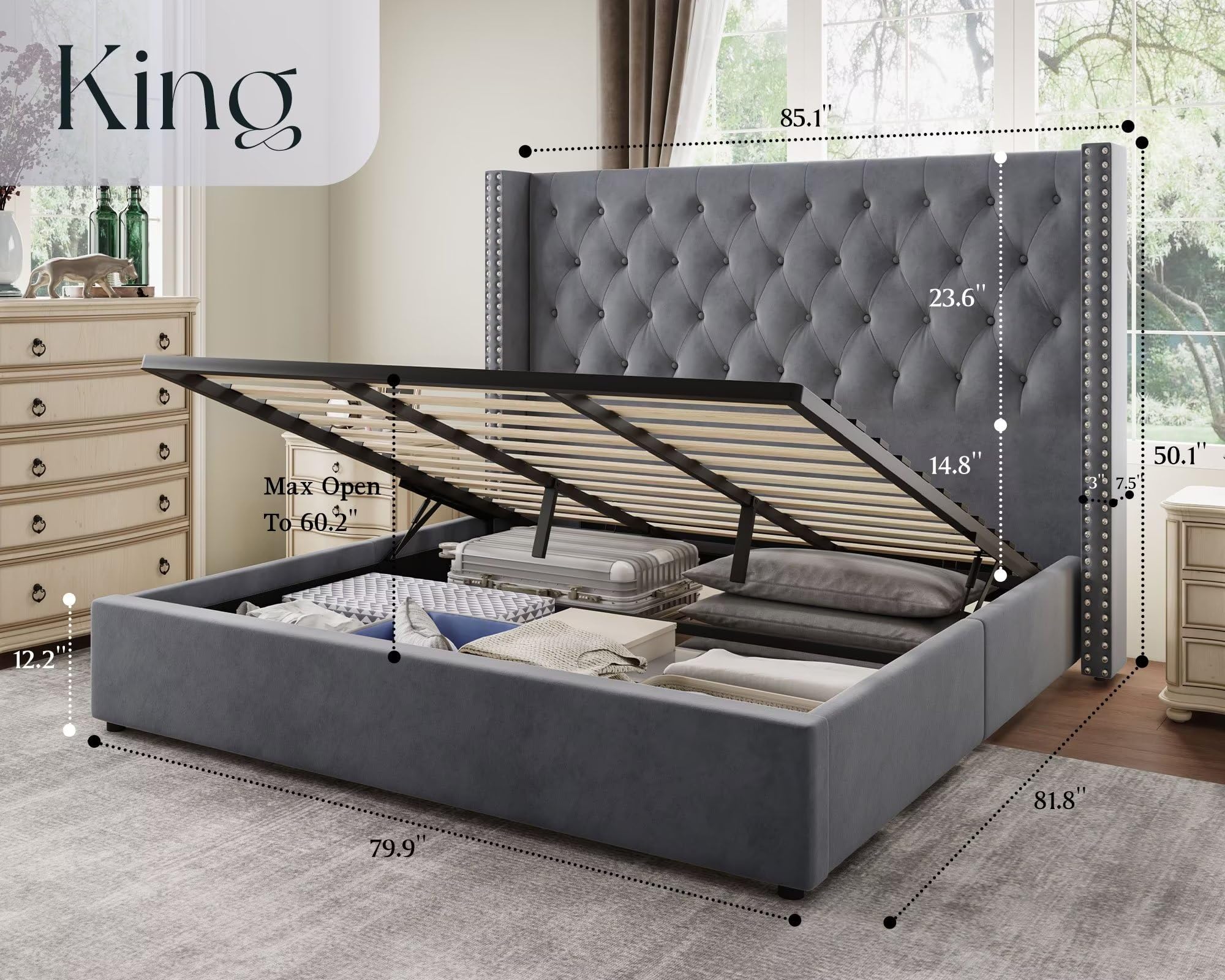 Jocisland King Size Lift Up Storage Bed, Upholstered Platform Bed Frame and Velvet Button Tufted Headboard with Wingback, Hydraulic Storage, No Box Spring Needed, Easy Assembly, Black