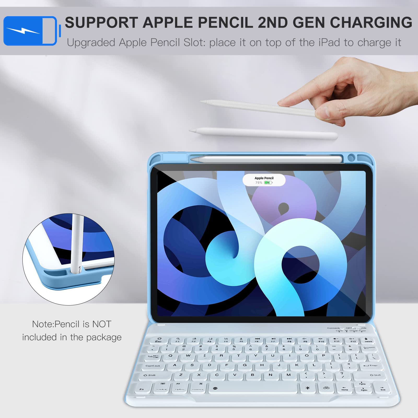 iPad Air 5th 4th Generation Case with Keyboard - 7 Color Backlight Detachable Keyboard Tablet Cover with Pencil Holder for iPad Air 5th Gen 2022/iPad Air 4th Gen 2020 10.9, Sky Blue