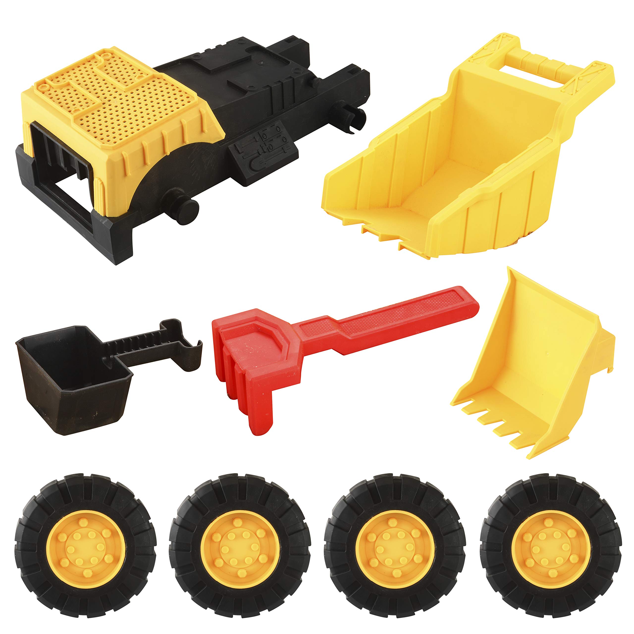 JOYIN 9 PCS Take Apart Assemble Construction Truck Beach Sand Toy Set, for Kids Outdoor Play, Includes Shovels, Rake, Spoon, Castle Mold, and Sand Sifter