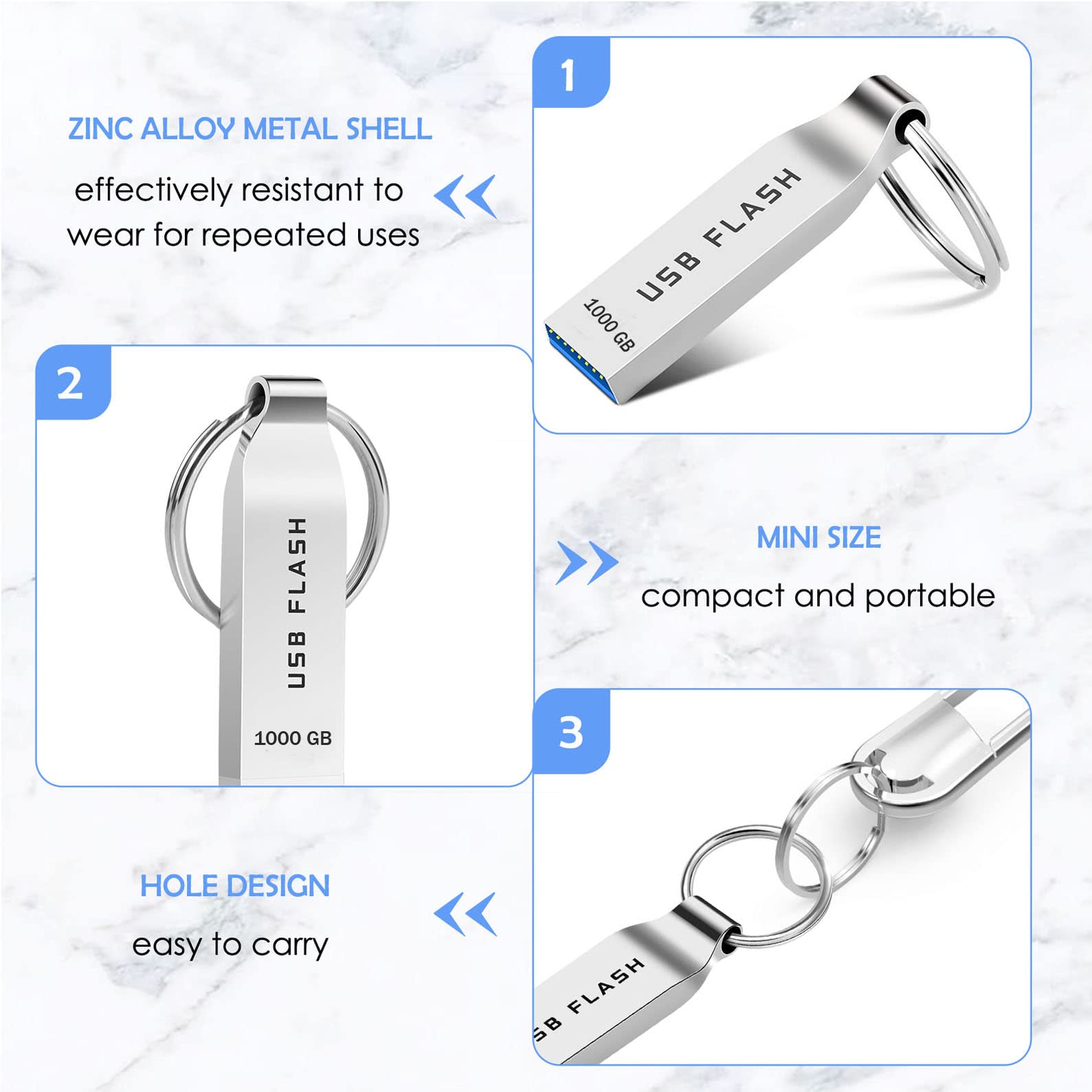 Umeway USB Flash Drive 1TB Memory Stick Metal Thumb Drive USB 3.0 Flash Drives Waterproof USB Drive with Keychain USB Stick Storage and Backup for PC/Laptop