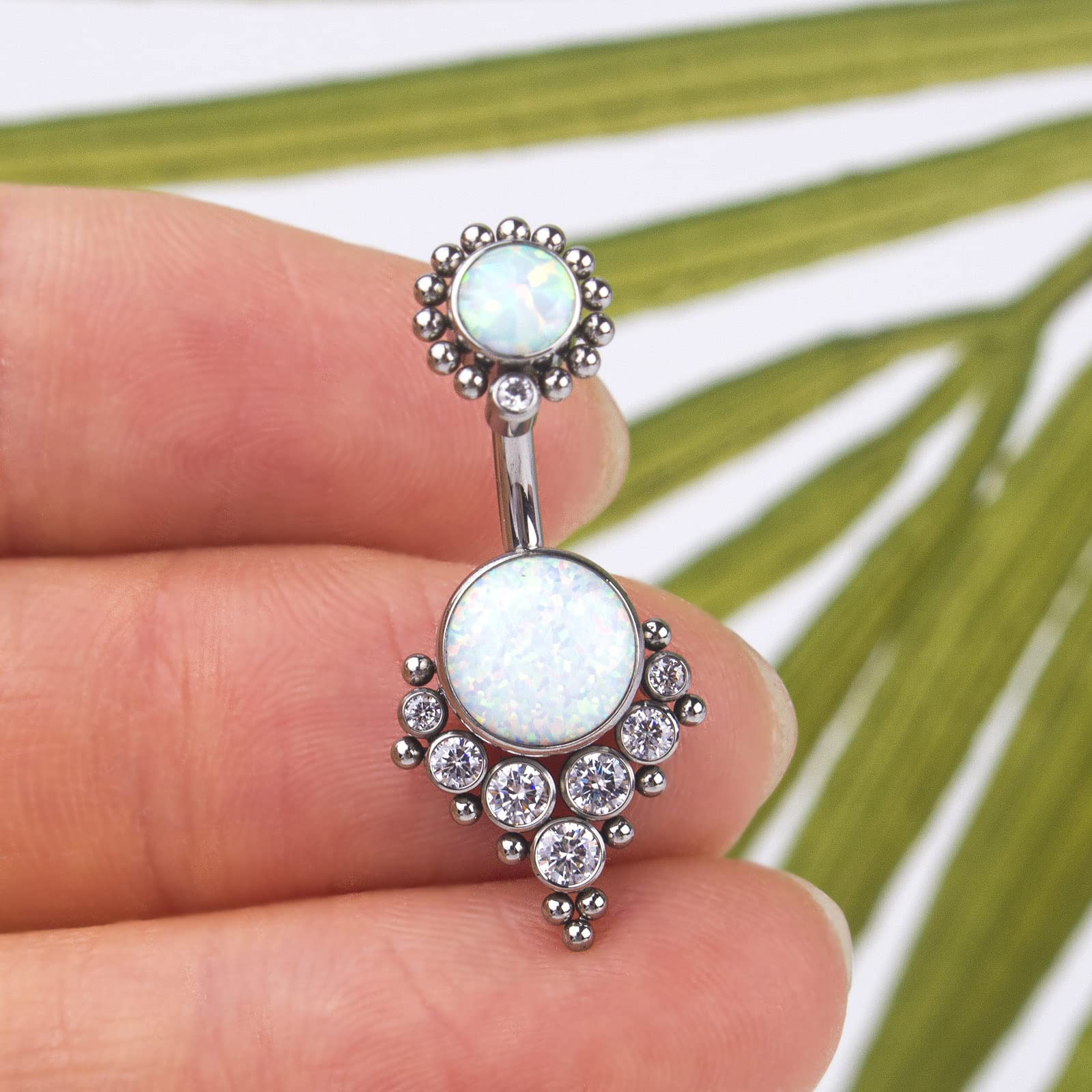 Moridux 14g G23 Real Solid Titanium Bezel Cluster Belly Button Rings With Opal CZ 10mm Internally Threaded Navel Piercing Jewelry Barbell Stud Navel Rings For Women(White Opal+Clear CZ)