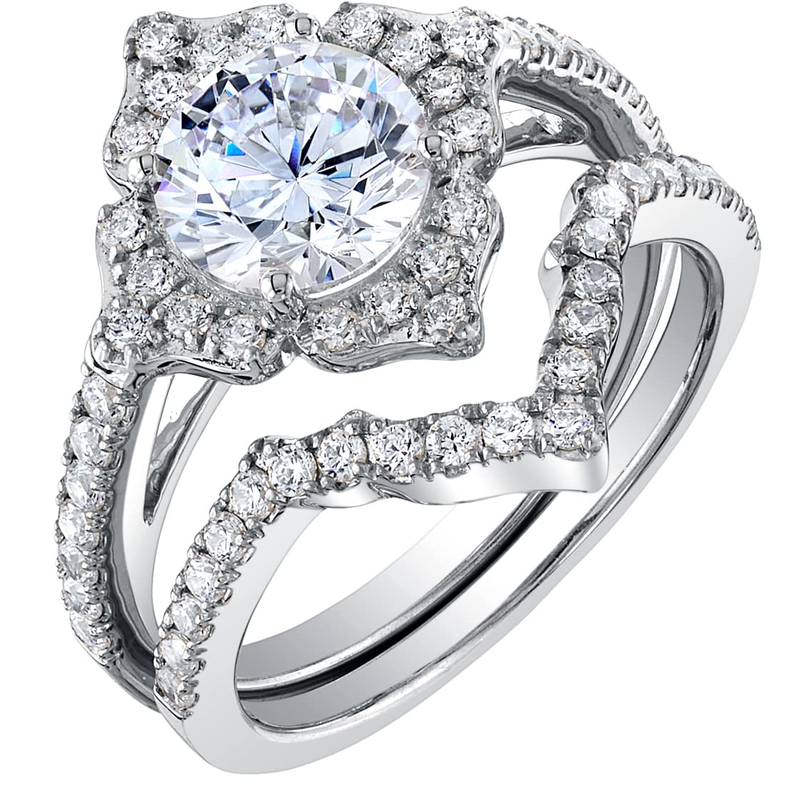 PEORA 1.50 Carats Moissanite Vintage Art Deco Engagement Ring and Wedding Band Bridal Set for Women 925 Sterling Silver, Round Brilliant Shape, D-E Color, VVS Clarity, Size 6.5