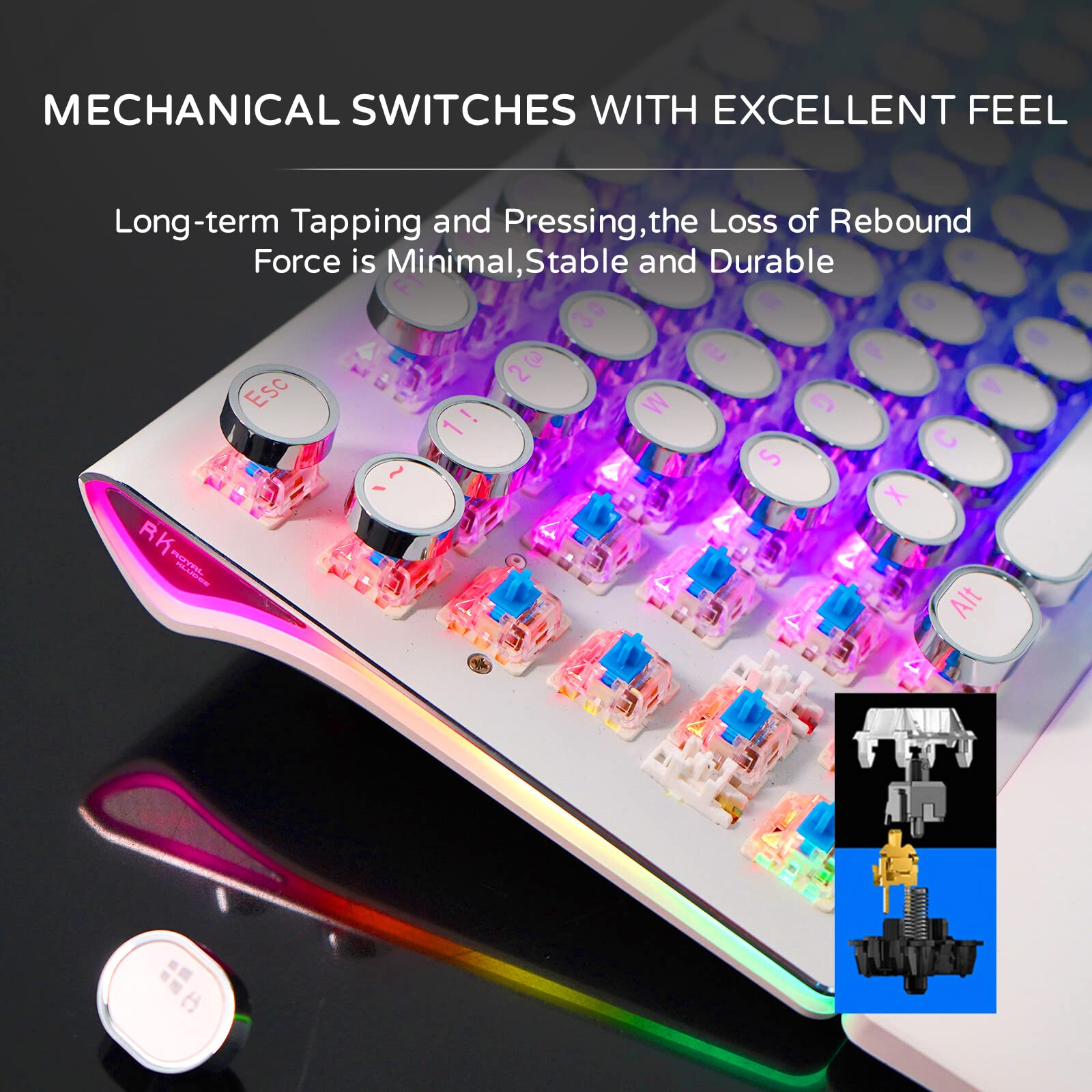 RK ROYAL KLUDGE Typewriter Style Mechanical Gaming Keyboard with True RGB Backlit Collapsible Wrist Rest 108-Key (Brown Switch, White)