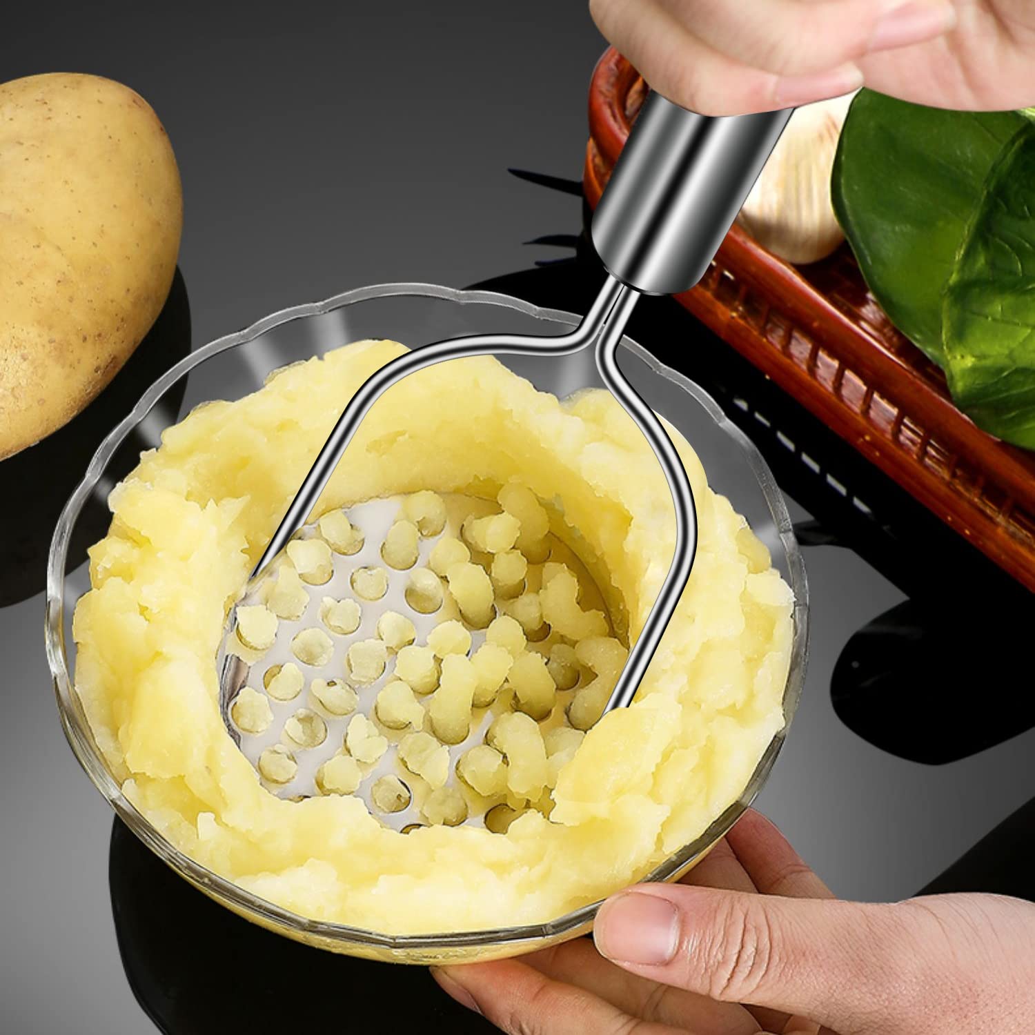Potato Masher, Sopito 2 Pack Stainless Steel Integrated Masher Kitchen Tool Food Masher for Potatoes, Vegetables, Berries, Fruits, Baby Food, Avocado