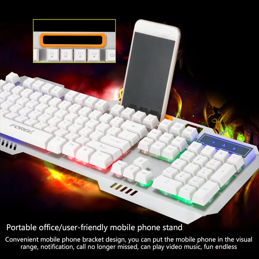 unband USB Wired Mechanical Gaming Keyboard 104Keys RGB Backlit Keyboard with Hand Rest Phone Hoder for PC Gamers (Color : White)