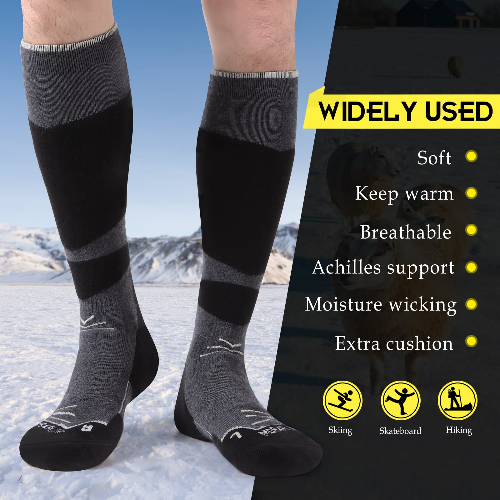 MORXPLOR Merino Wool Ski Socks 2 Pairs Pack for Men&Women,Skiing and Snowboarding Knee High Warm Socks for Cold Weather