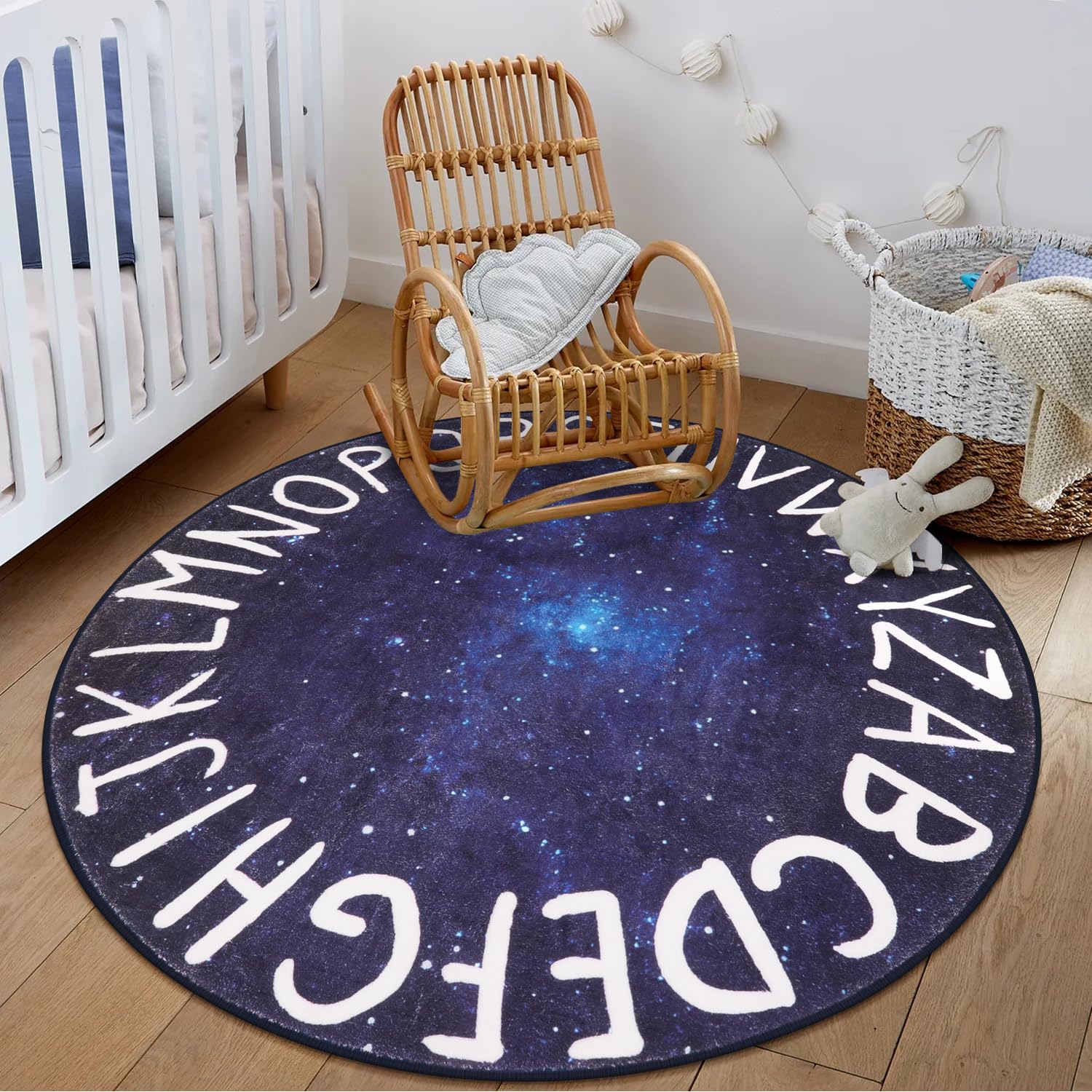LIVEBOX Space Round ABC Rug for Kids Playroom, Alphabet Nursery Rug Crawling Play Mat for Children Bedroom, Galaxy Washable Rug Learning Carpet for Baby Toddlers Room (47",Star Blue)