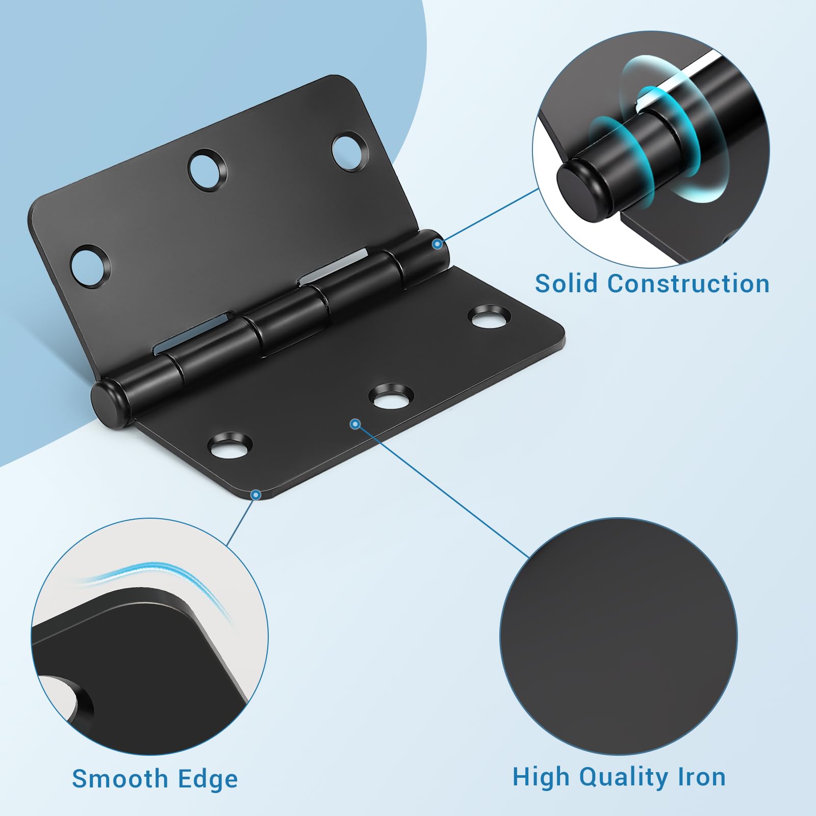 KNOBWELL 24 Pack of Matte Black Door Hinges - 3.5 Inch X 3.5 Inch Interior Door Hinges for Doors Black Finish with 1/4" Radius Corners