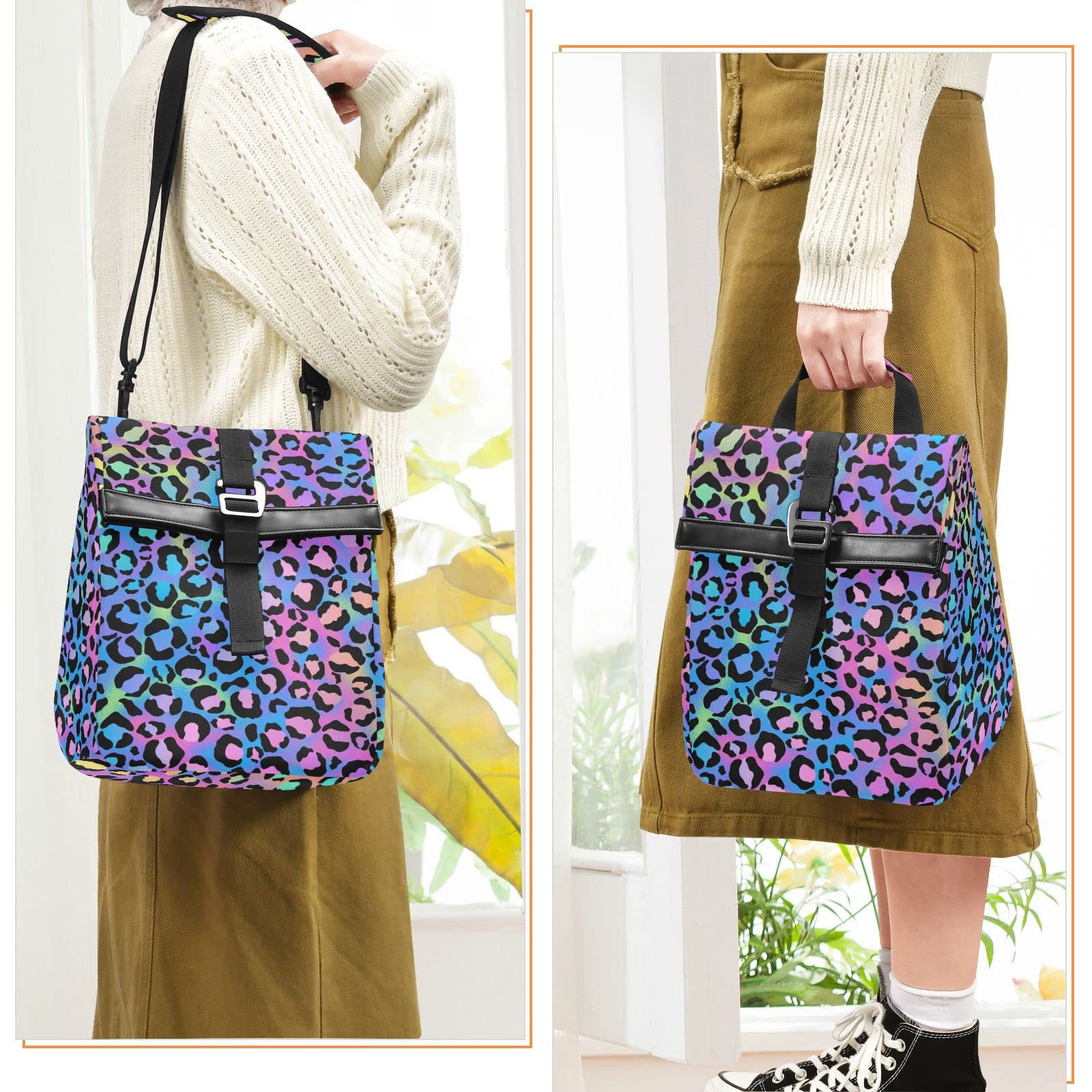 MNSRUU Insulated Lunch Bags Women Men, Rainbow Leopard Portable Reusable Thermal Meal Tote Cooler Bag Organizer, Adjustable Shoulder Strap, Handle