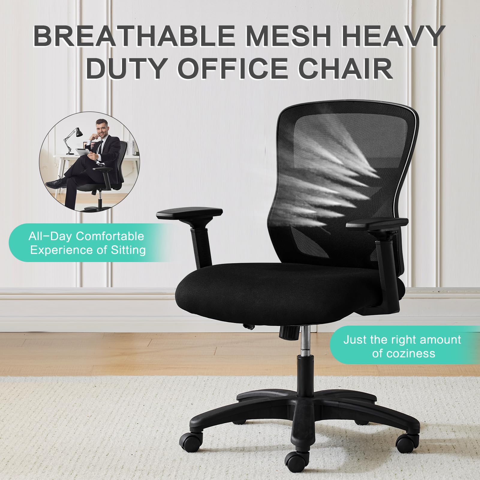 YFO Big and Tall Office Chair 500LBS - Desk Chair with Adjustable Lumbar Support, Heavy Duty Ergonomic Mesh Computer Chair with 360 Rotation 4D Arm and Extra Wide Comfty Seat, Quiet Wheels for Adults