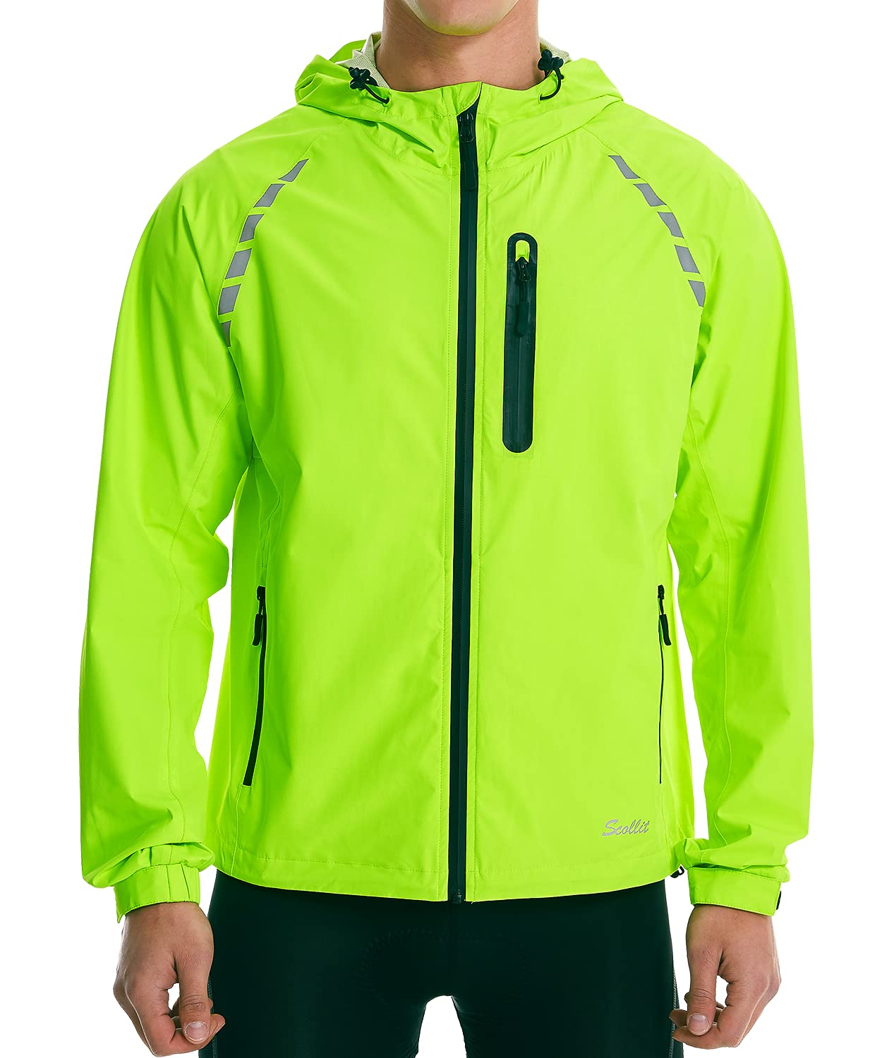 Men’s Cycling Running Jackets Waterproof Windbreaker Lightweight Hooded Packable High Visibility Bike Biking Bicycle Breathable Rain Jacket Reflective Windproof Raincoat Fluorescent Yellow XXL