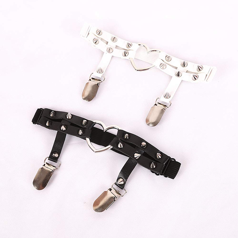 Jurxy 2PCS Gothic Studded Heart Garters Leg Ring Leg Elastic Punk Harness Garter Belt Adjustable Suspender with 2 Metal Clips – Black