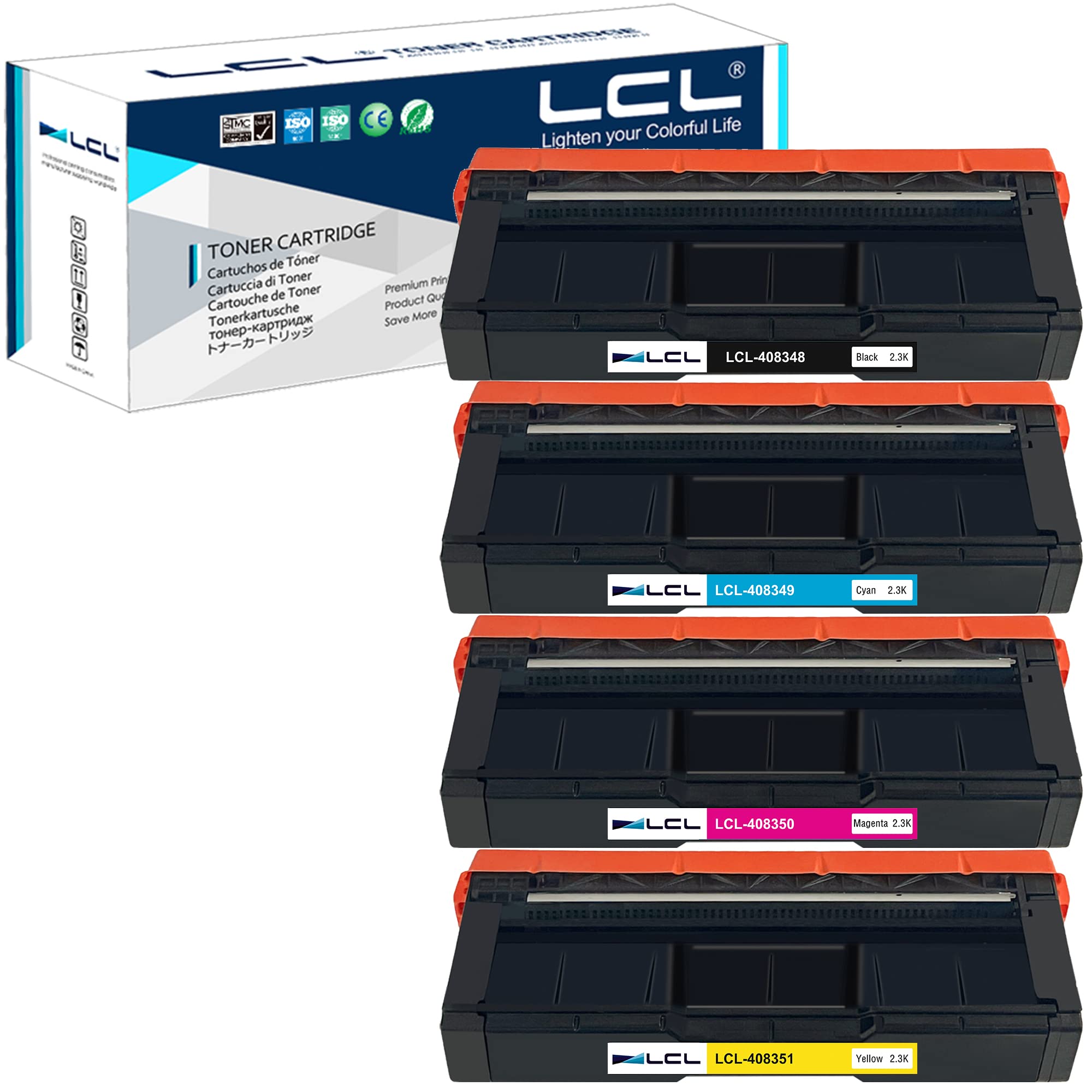 LCL Remanufactured Toner Cartridge Replacement for Ricoh 408348 408349 408350 408351 M C250 M C250FWB PC300W (4-Pack Black Cyan Magenta Yellow)