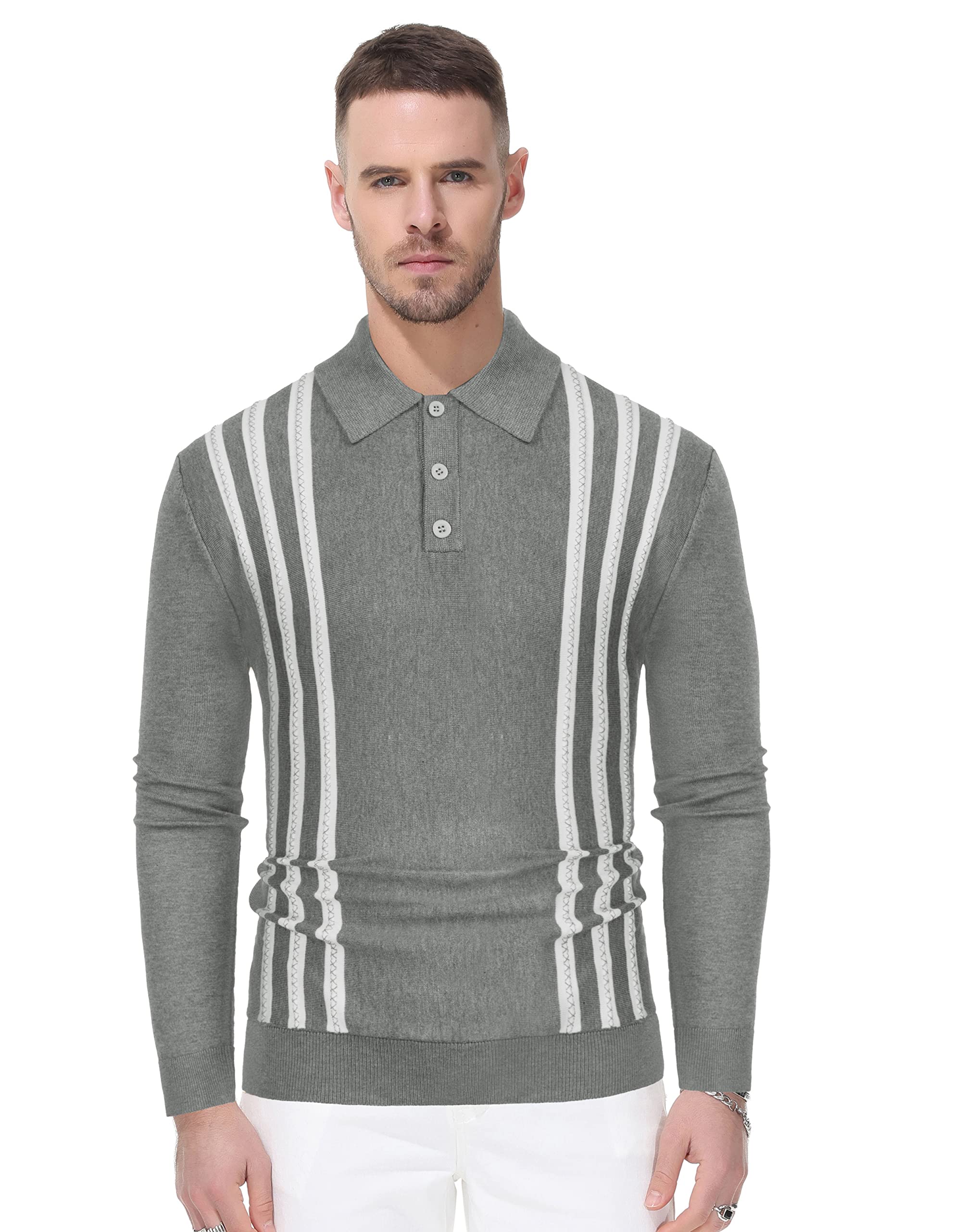 PJ PAUL JONES Men's Vintage Stripe Knitted Polo Shirts Breathable Button Casual Pullover Sweater Dark Grey XX-Large
