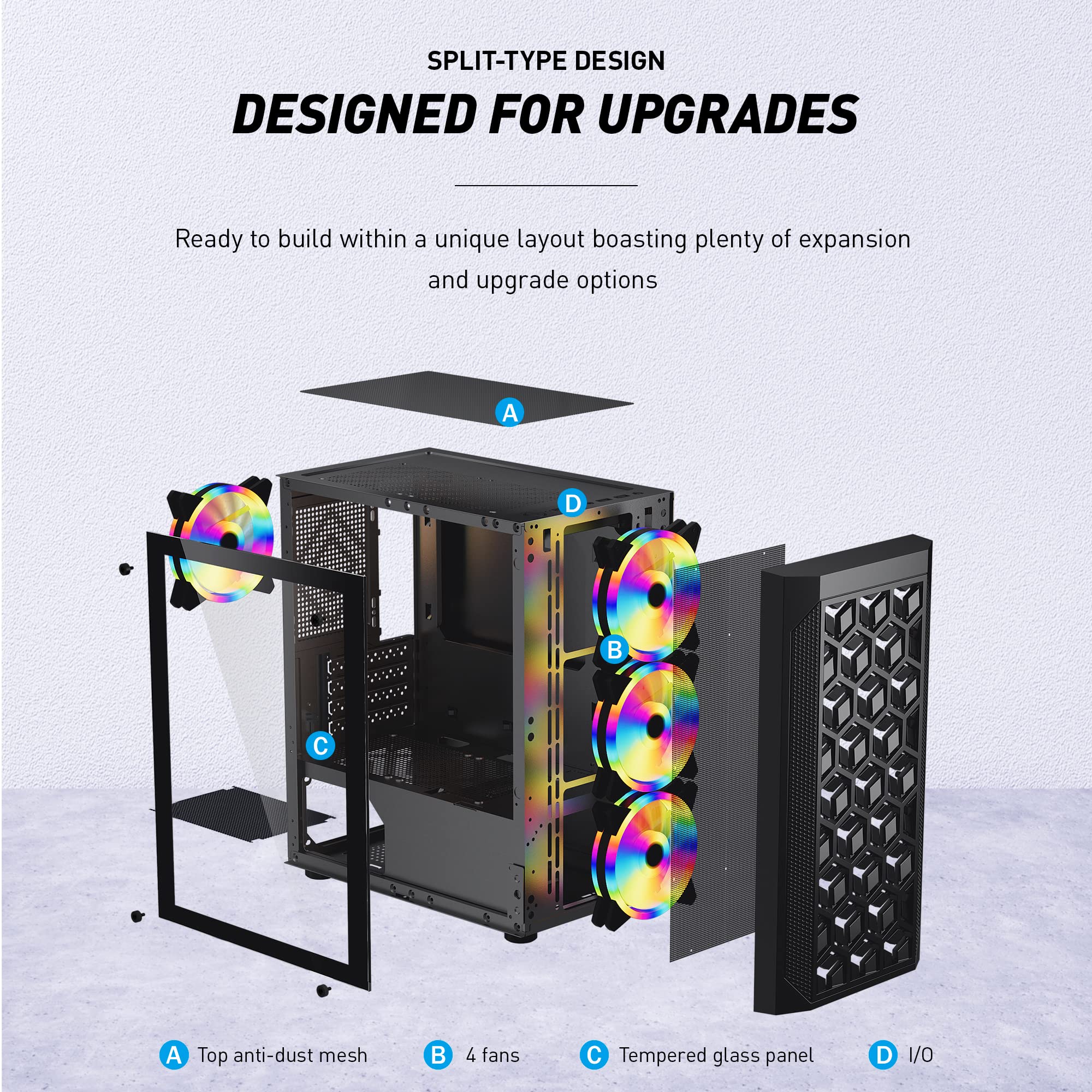 RHIROTEC MATX Micro ATX Case Gaming PC Case, Computer Case Pre-Installed 4 x RGB Rainbow Fan Tempered Glass Side Panel & Hollow Out Front Panel Ventilated Airflow with Magnetic Design Dust Filter