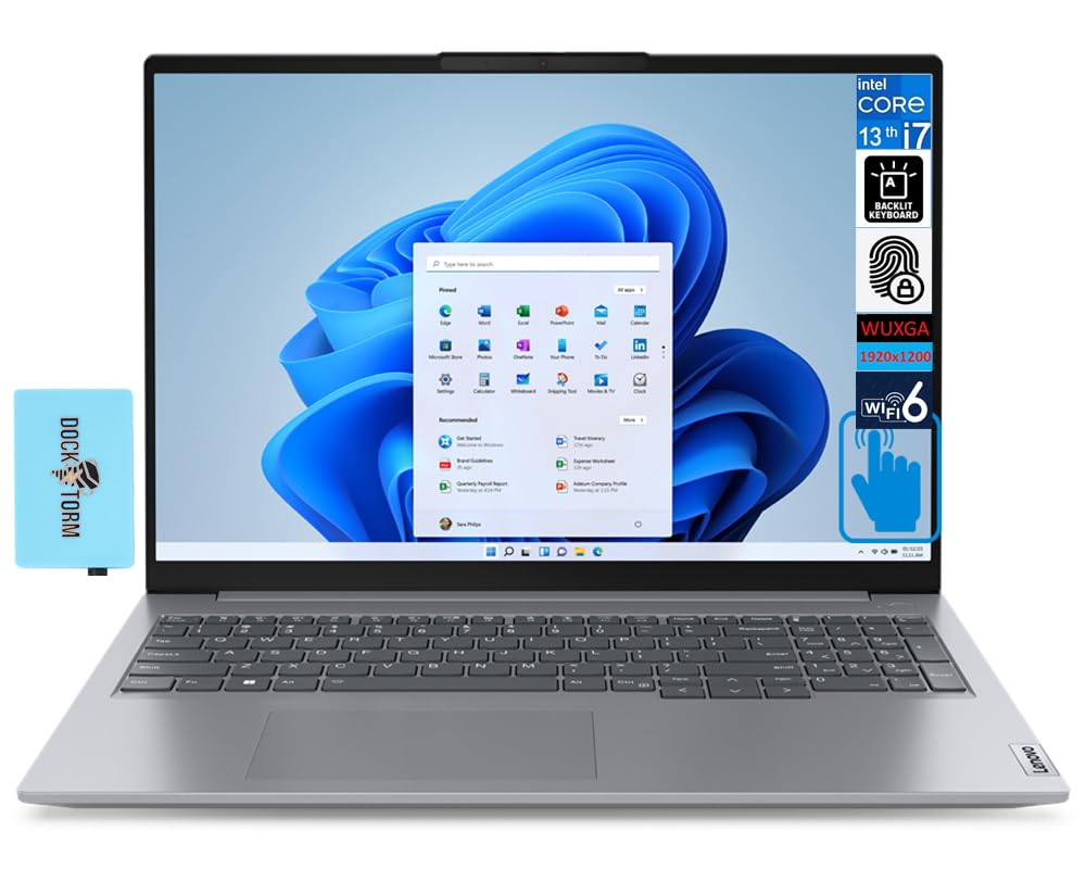 Lenovo ThinkBook 16 Gen 6 Business Laptop 16.0" Touchscreen IPS Display (10-Core Intel i7-1355U, 64GB RAM, 1TB PCIe SSD, Backlit KYB, FP Reader, Thunderbolt 4, WiFi 6, Win10P) w/Dockztorm Hub