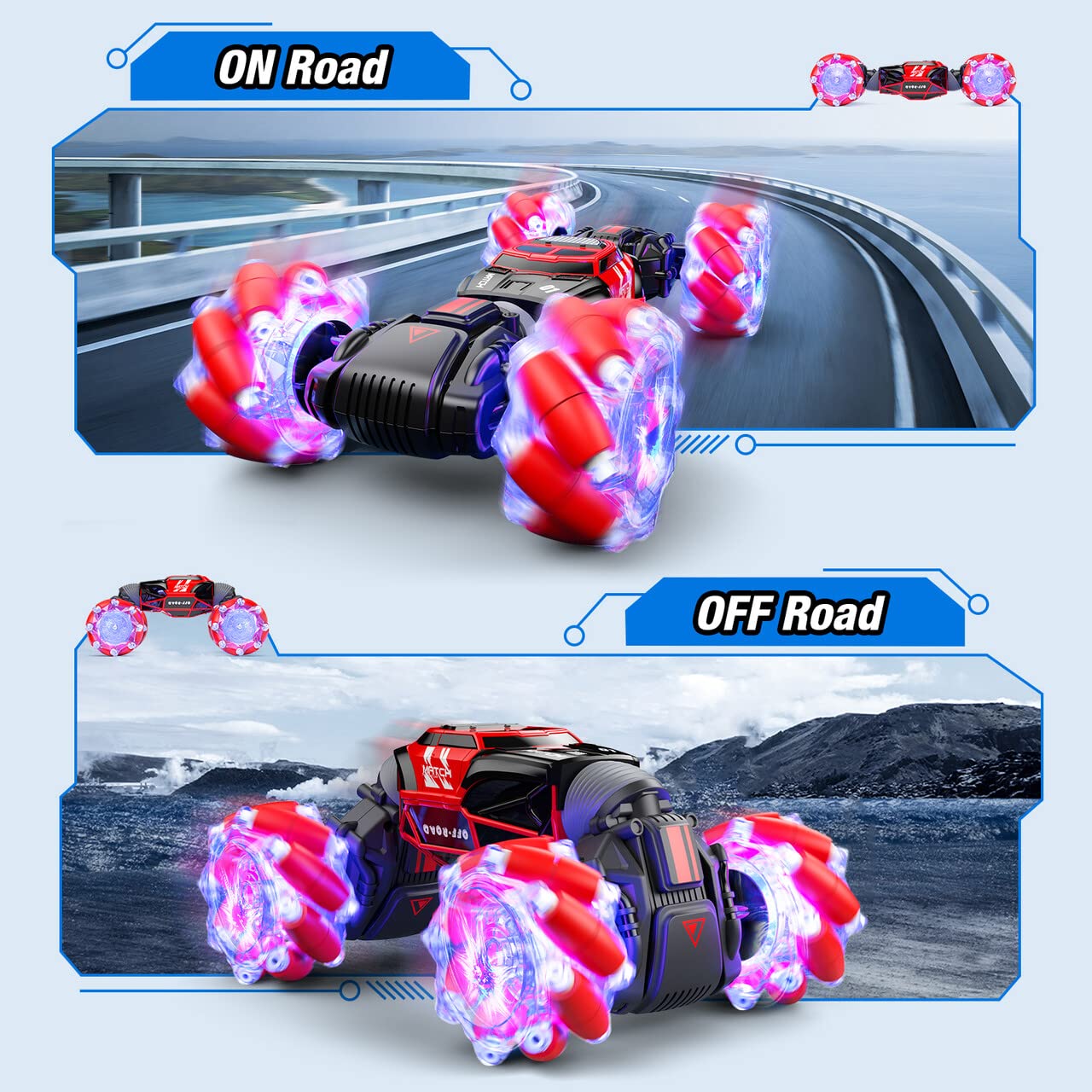 Powerextra LED Remote Control Car, 4WD 2.4GHz Gesture Sensing Rc Stunt Car, Double Sided 360°Rotating Transform Off Road Car with Light, Toy Cars for 6-12 Year Old Boys & Girls - Red