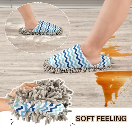 Kigai Blue Mint Chevron Microfiber Cleaning Slippers, Washable Cleaning Mop Shoes Floor Cleaning Tool for Women Men, M