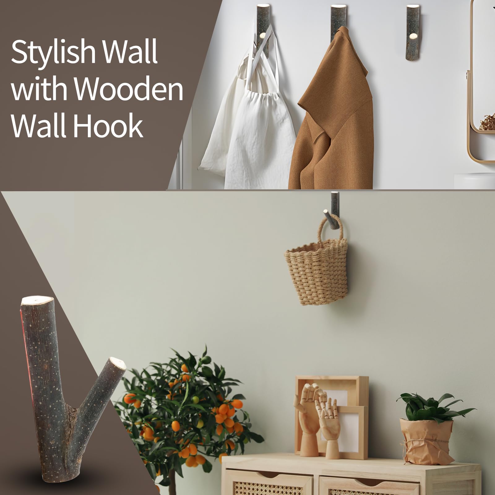suiwotin 4pcs Real Tree Branch Wall Hook, Natural Wood Hooks Wooden Coat Hooks, Rustic Decorative Wall Mount Self Adhesive Hooks (Width 2-3 cm)
