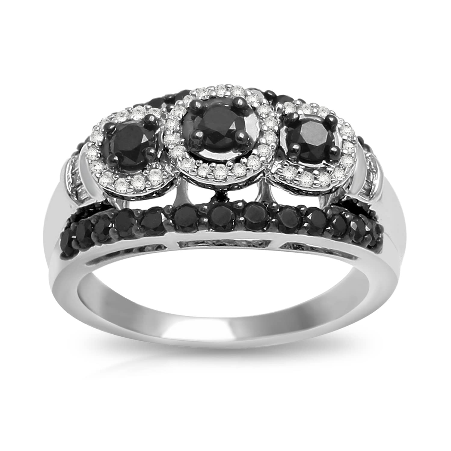 Jewelili 10K White Gold 1.0 Cttw Treated Black Round and Natural White Round and Baguette Diamonds Three-Stone Ring, Size 7