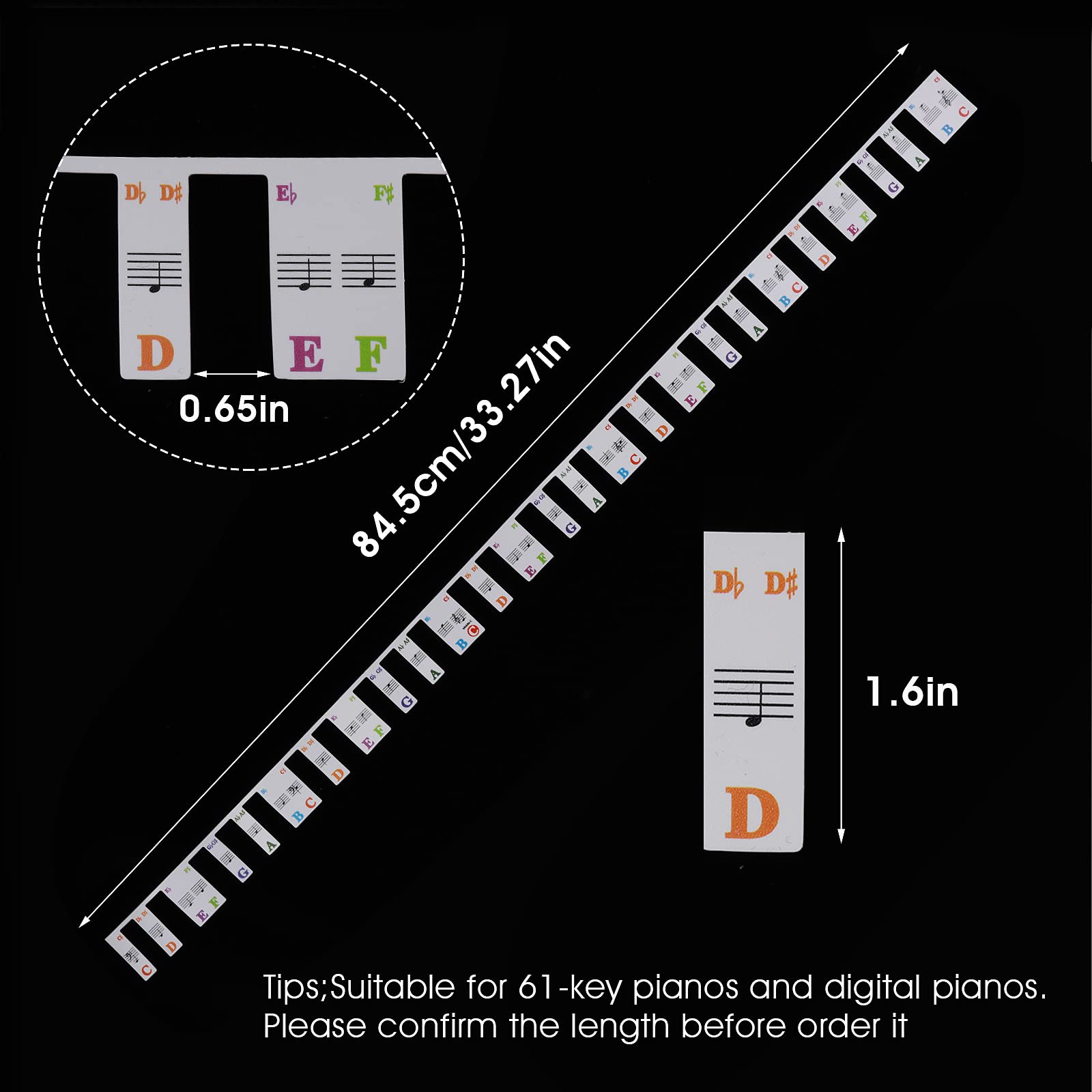 Piano Key Stickers for Beginners Kids,61 Keys 1:1 Full-Size Plastic Paste-Free Piano Keyboard Stickers Removable Piano Keyboard Stickers