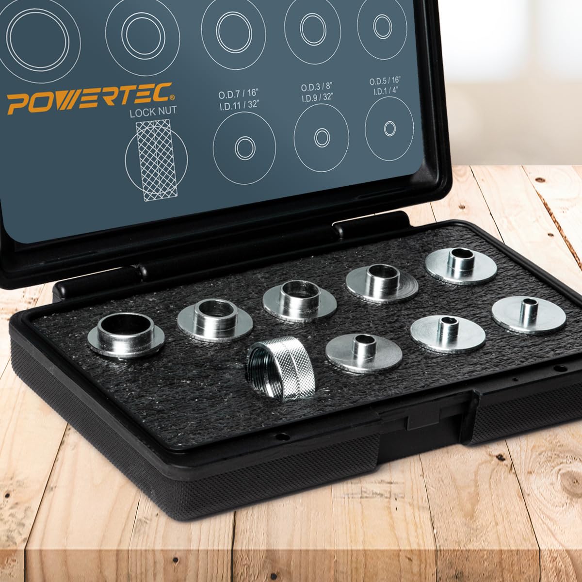 POWERTEC Dia 6-1/2" Router Base Plate & 10Pcs 5/16 to 1" Short Shank Router Template Bushing Guide Sets & Centering Pin. Fits Porter Cable, Craftsman, DeWalt, Bosch, Milwaukee Router Sub Bases (71778)