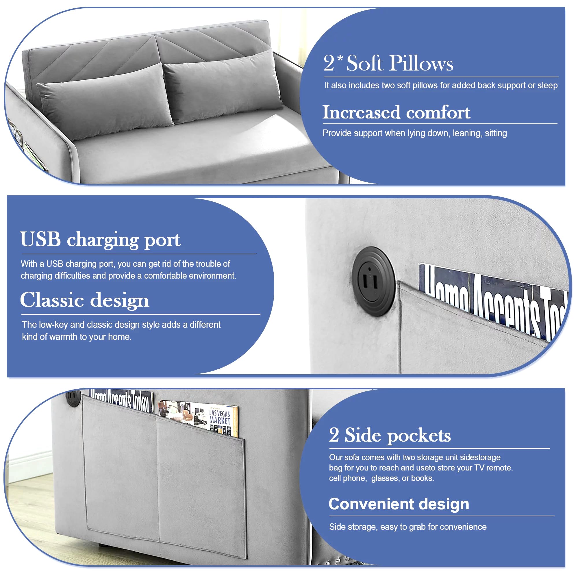 SumKea Loveseat Sleeper USB Port Pull Out Couch with Nailhead Trim, 3 in 1 Sofa Bed Adjustable Backrest with 2 Pillows, Grey