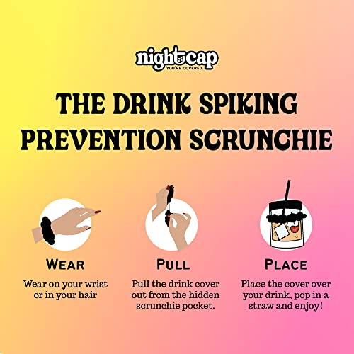 NightCap Drink Cover Scrunchie and Straw Kit Bundle - The Drink Spiking Prevention Scrunchie As Seen on Shark Tank with 2 Stainless Steel Straws, Straw Brush, 2 Silicone Tips, & Stylish Duvet Pouch