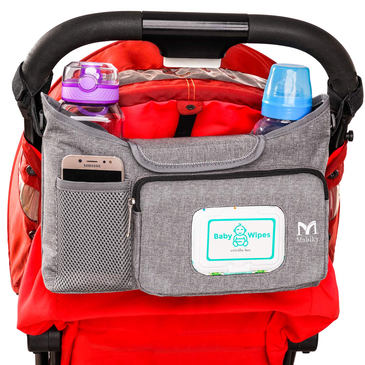 Mahiky Universal Baby Stroller Organizer Stroller Accessories Bag Stroller Storage Bag with Cup Holders Stroller Organizer Parent Console Stroller Storage Pouch with Easy Access Wipes Pocket