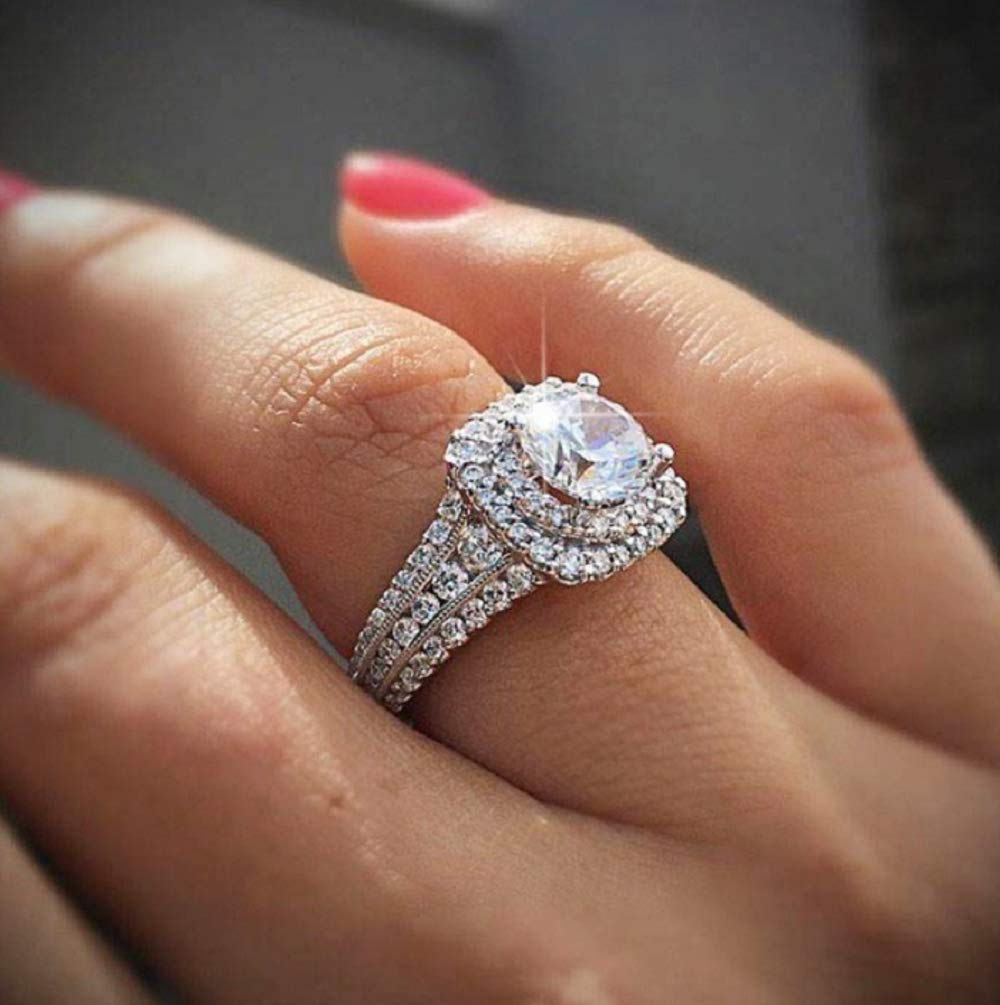 MAIHAO Princess Square Simulation Diamond Ring Double-Layer Super-Flash Zircon Ring in 925 Sterling Silve Cubic Zirconia Promise Halo Engagement Wedding Band Ring Size 6-10 (Size 8)