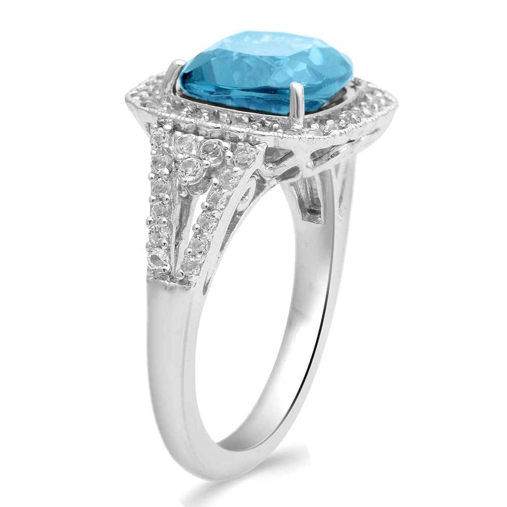 Jewelili Sterling Silver 10 MM Cushion Shape London Blue Topaz, Round White Topaz and 1.5 MM Round Emerald Stone on Both Side Halo Ring, Size 7