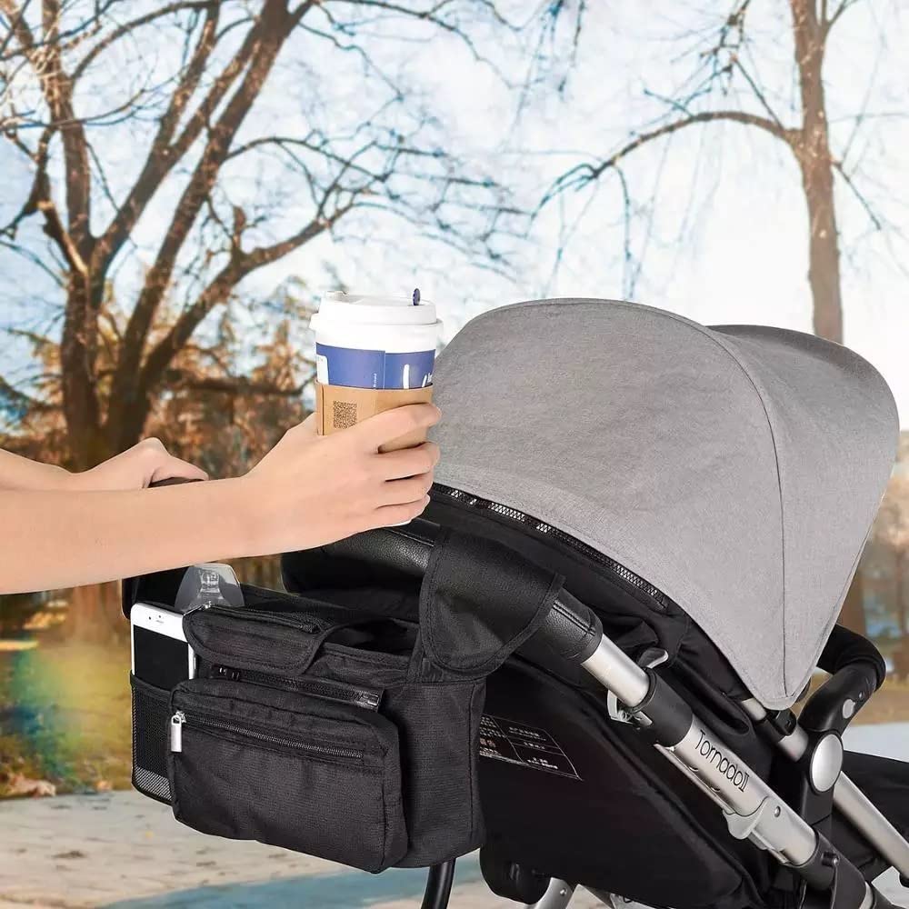 Universal Baby Stroller Organizer with Diaper Storage, Insulated Cup Holders, Secure Straps, Detachable Bag, Pockets for Toys, Phone and Keys for Parents. Non-Slip Design, Fit All Strollers.