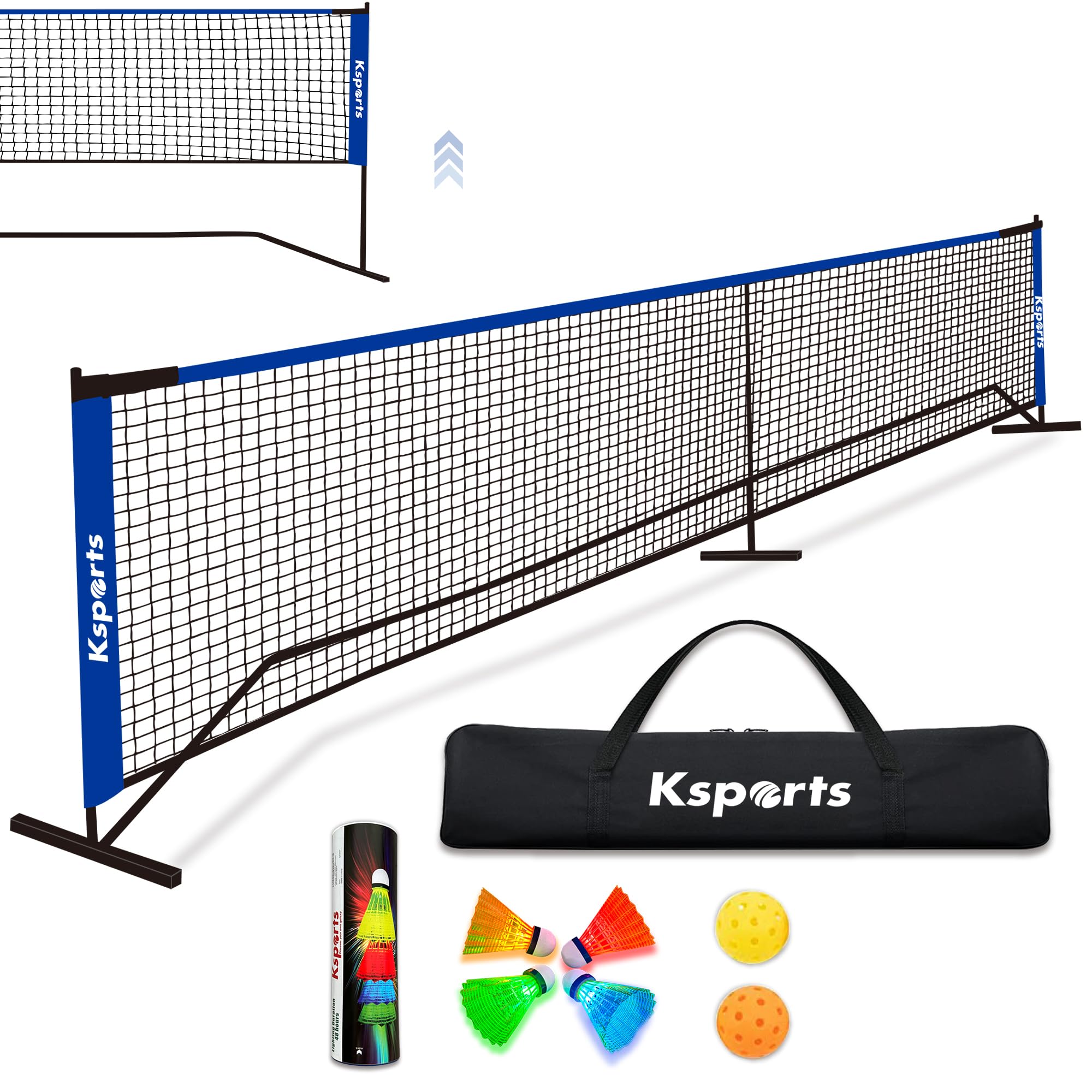 Ksports 22 Feet Multifunctional Nylon Pickleball Net with 4 LED Shuttlecocks, Carry Bag and 2 Game Balls for Badminton and Tennis, for Sports, Blue