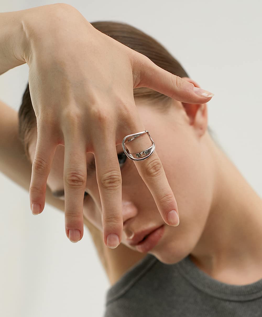 Personalized Simple Geometric Statement Rings Minimalist Fashion Knuckle Stackable Gold Silver Ring for Women Girls Teen Finger Ring Adjustable Size Daughter Gifts (Silver)