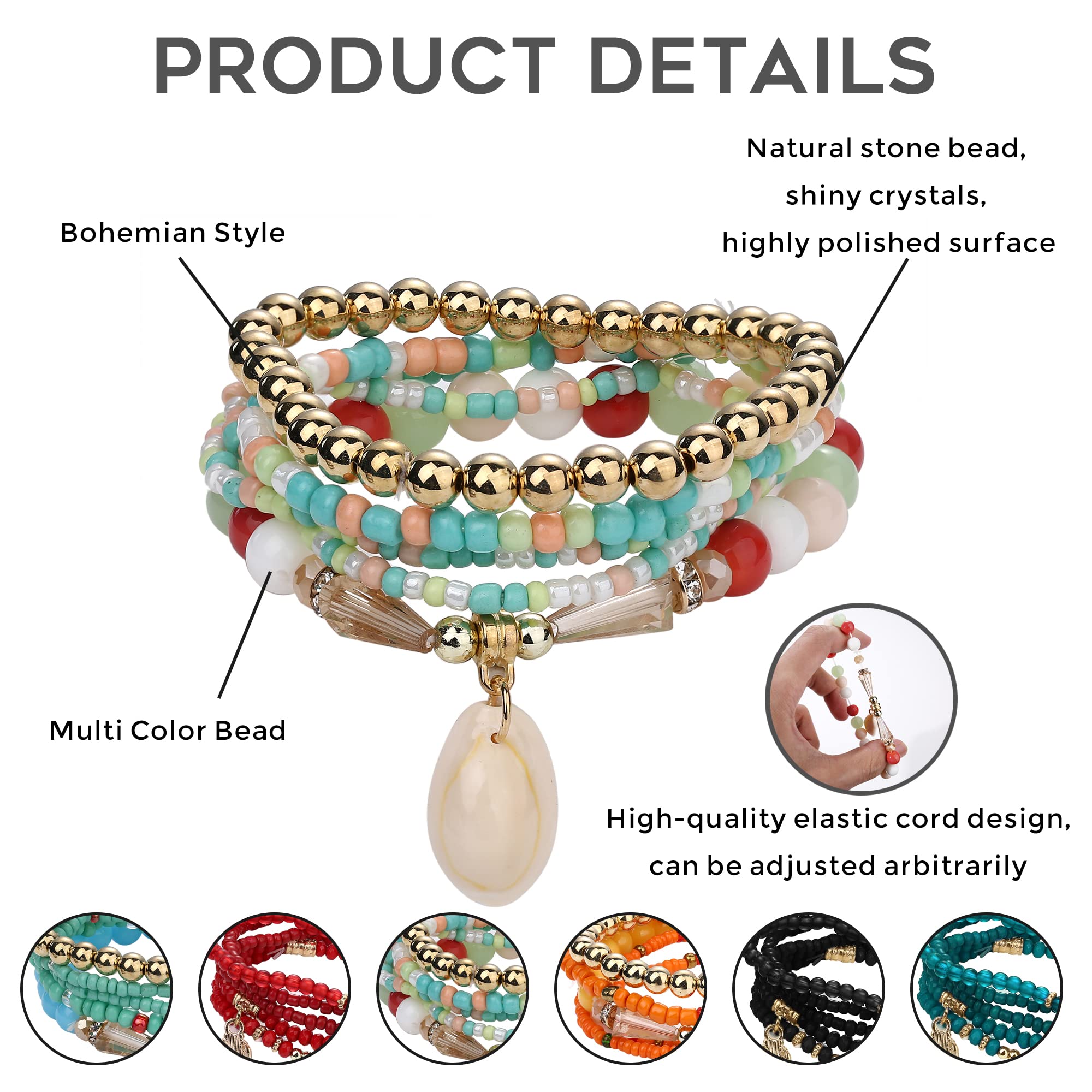 Sanfenly 6 Sets Bohemian Beaded Bracelets for Women Stretch Stackable Bracelet Set Multilayer Colorful Charms Boho Jewelry
