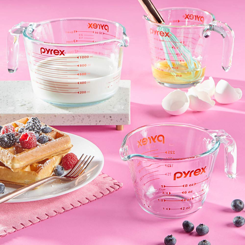 Pyrex Tempered Glass Liquid Measuring Cups Set, Includes 1-Cup, 2-Cup, 4-Cup, and 8-Cup, Dishwasher, Freezer, Microwave, and Preheated Oven Safe, Essential Kitchen Tools, 4 Piece