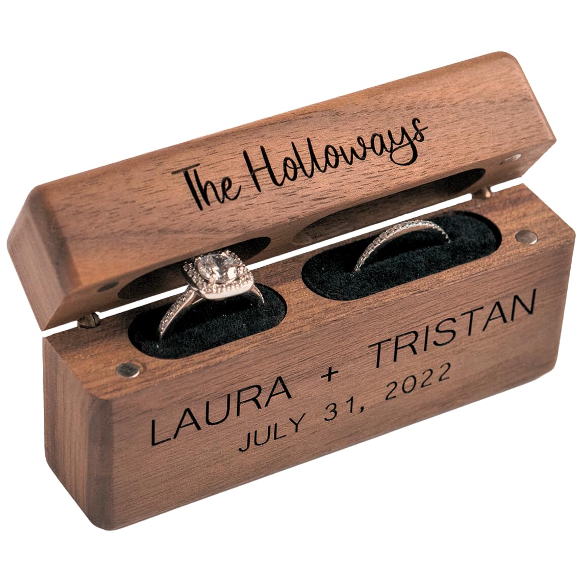 Personalized Wooden Ring Box. Slim Double Slot Holder for 2 Rings. Custom Wedding Engagement Ring Box. Custom Ring Holder. (Design 6)