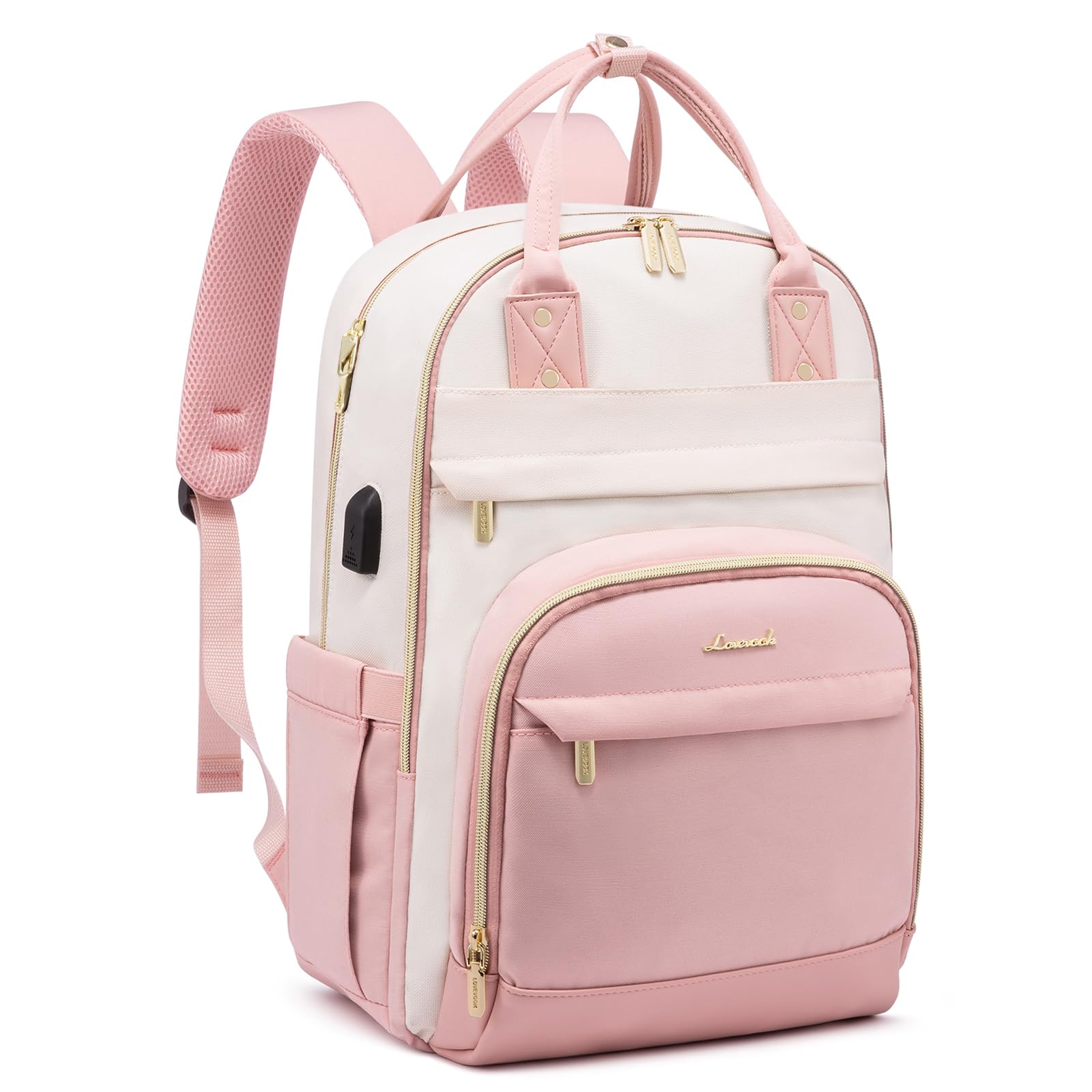 LOVEVOOK Laptop Backpack Women, Fits 15.6 Inch Laptop Bag, Fashion Travel Work Anti-theft Bag with Lock, Business Computer Waterproof Backpack Purse, Beige-Pink-Pink